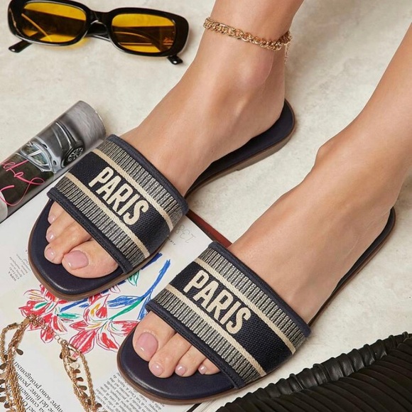 Shoes | Euc Paris Embroidered Navy Blue Slides | Poshmark